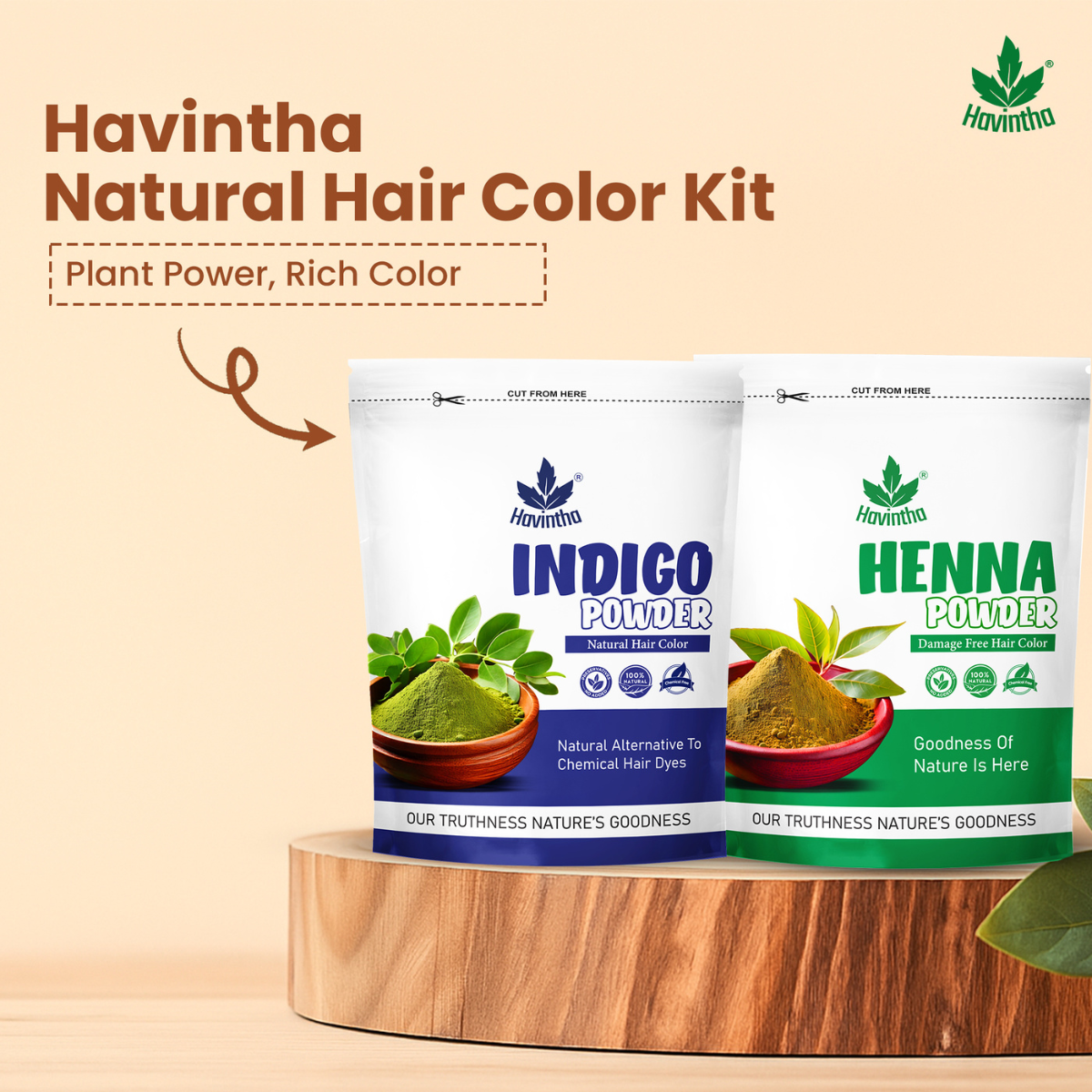 Havintha Natural Indigo Powder (200g) & Henna Powder (200g) Combo for